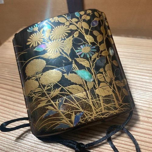 INRO Edo Period Makie Japanese Antique Blue Shell Work Lacquer Box From ...