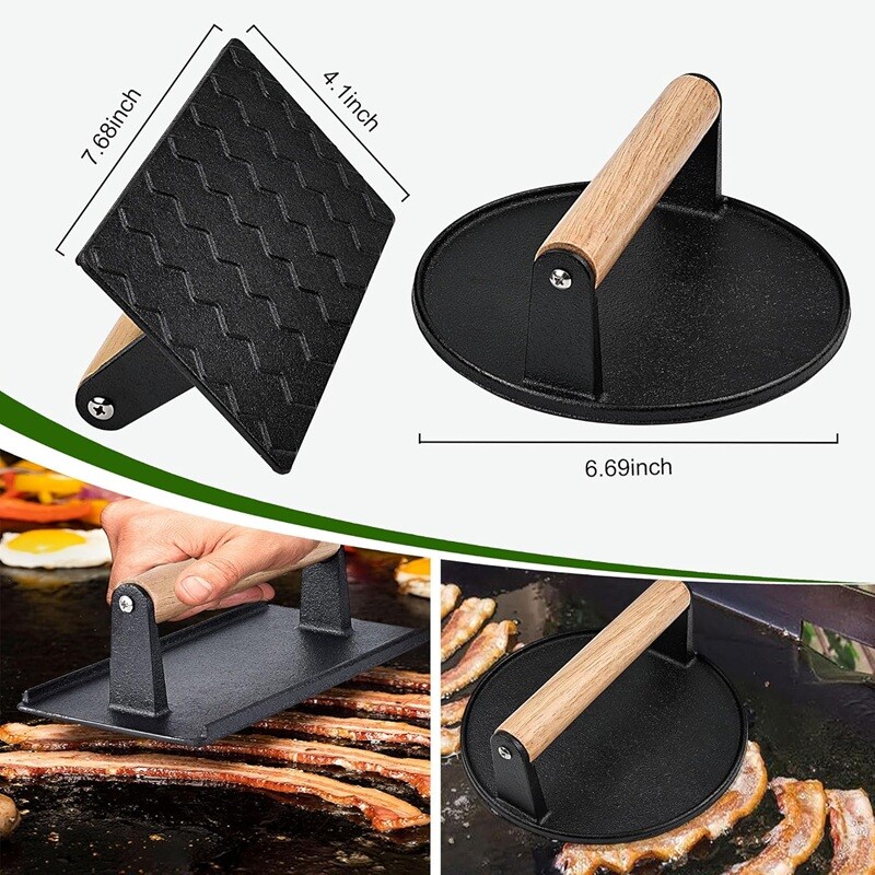 Smash Burger Press Kit Cast Iron Round Rectangle 4in1 Stuff Mold Grill ...