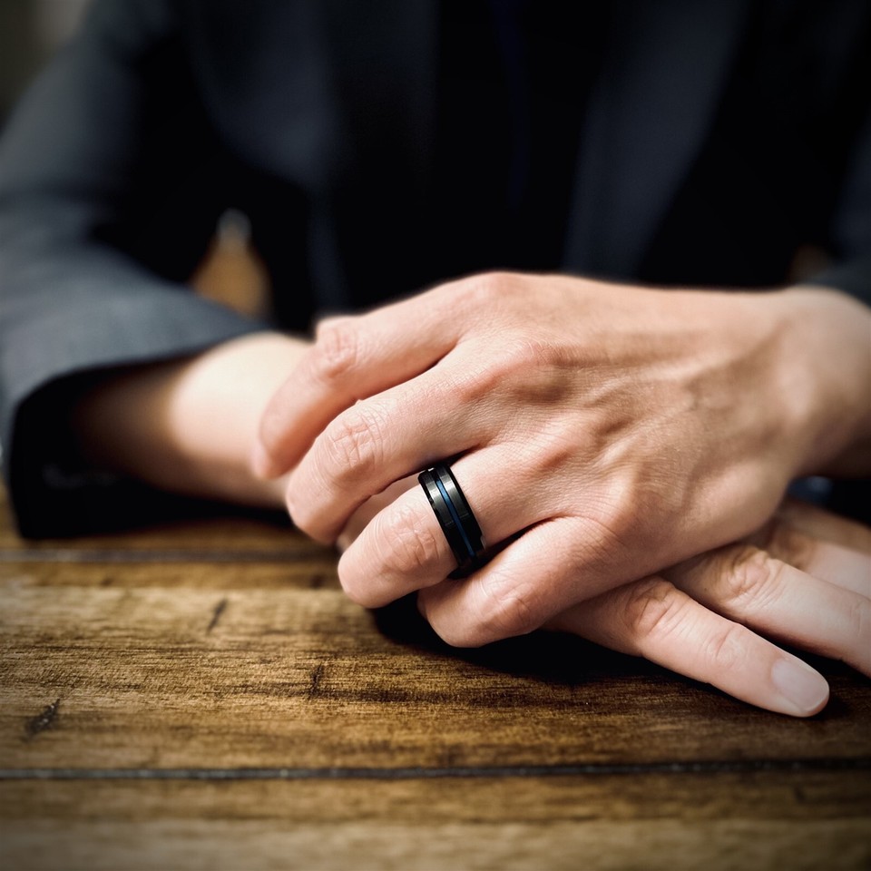 Black Tungsten Carbide Thin Blue Line Wedding Band Ring-Police Law ...