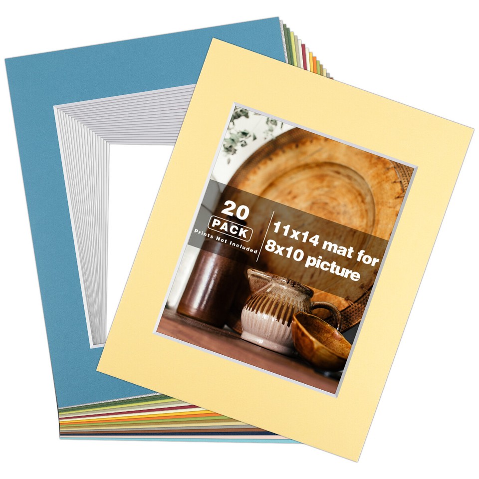 Pack of 20, 11x14 Mixed Colors Photo Mats White Core Bevel Cut for 8x10 ...