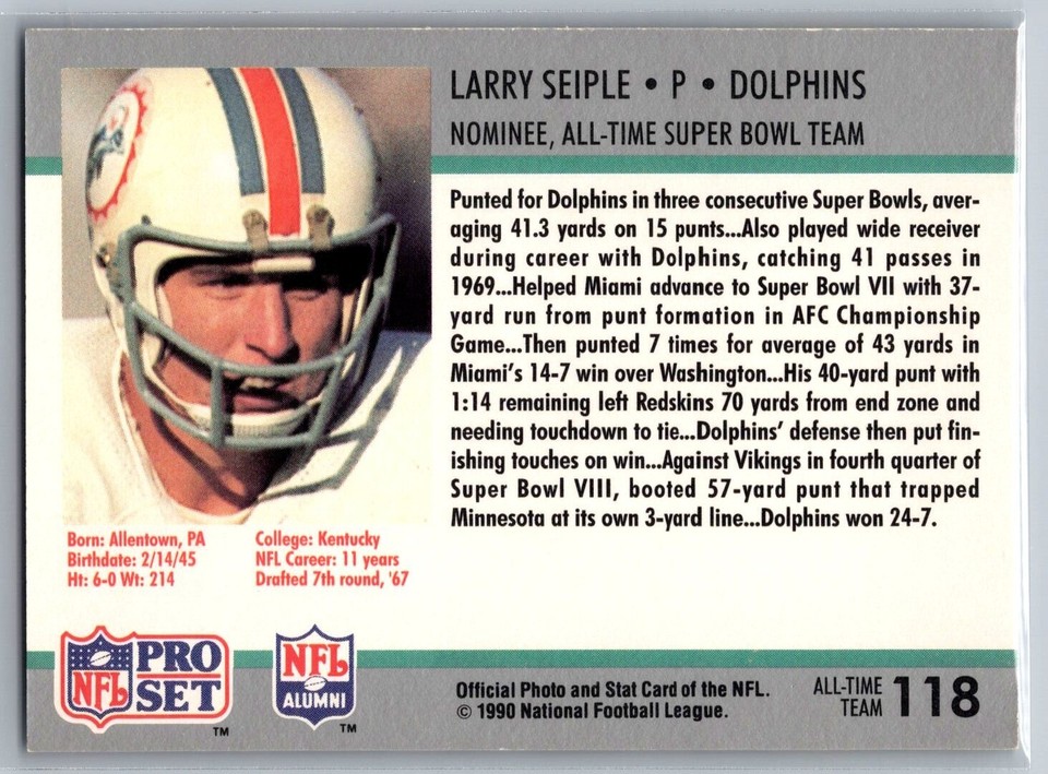 1990 NFL Pro Set Super Bowl XXV Silver Anniversary #118 Larry Seiple ...