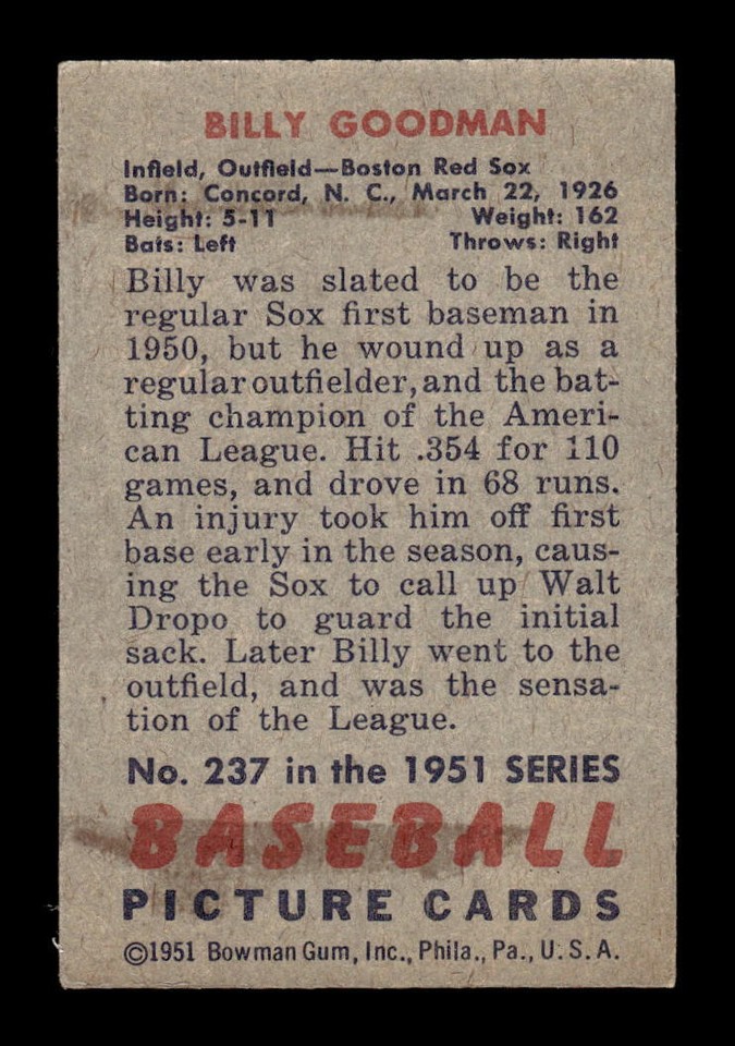 1951 Bowman Baseball #237 Billy Goodman VGEXBoston Red Sox | eBay