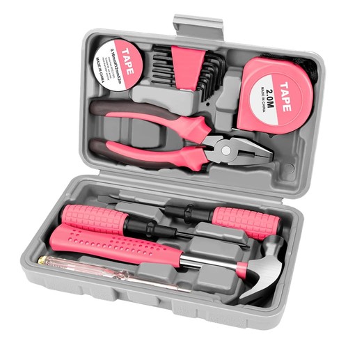 13 Piece Pink Tool Set, Mini Tool Box for Women. Home Tool Kit with ...