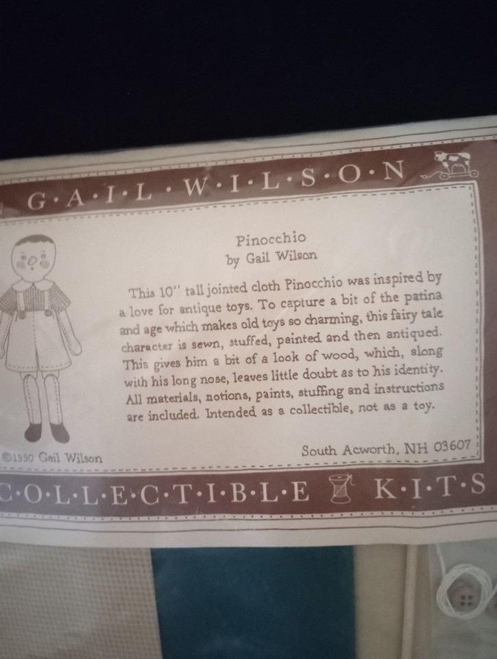 Vintage Gail Wilson Nursery Rhymes Pinocchio Doll Kit, 10" Cloth Doll ...