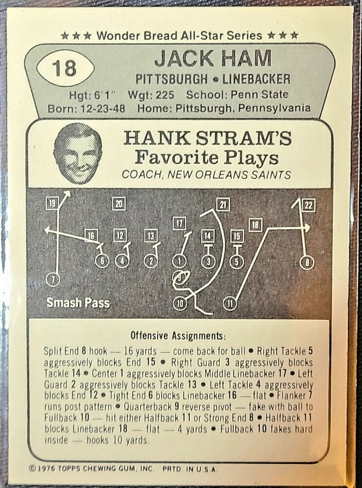 1976 Topps WONDER BREAD ALL-STARS NFL Football Card #18 Jack Ham ...