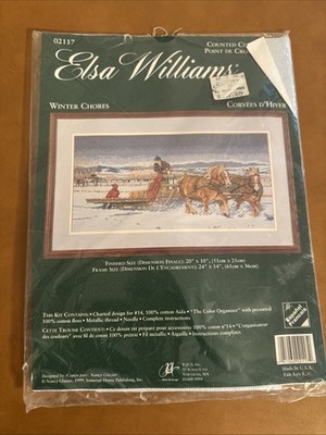 1999 Elsa Williams WINTER CHORES Cross stitch NEW draft horses snow farm scene | eBay