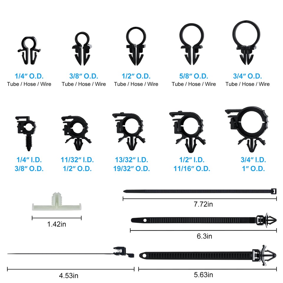 200pcs Wire Harness Clip Assortment 15 Sizes Nylon Cable Ties ...