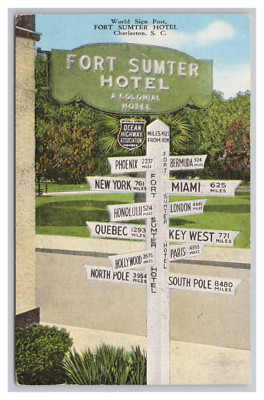 1951 Charleston SC Fort Sumter Hotel World Direction Sign Post Vintage ...
