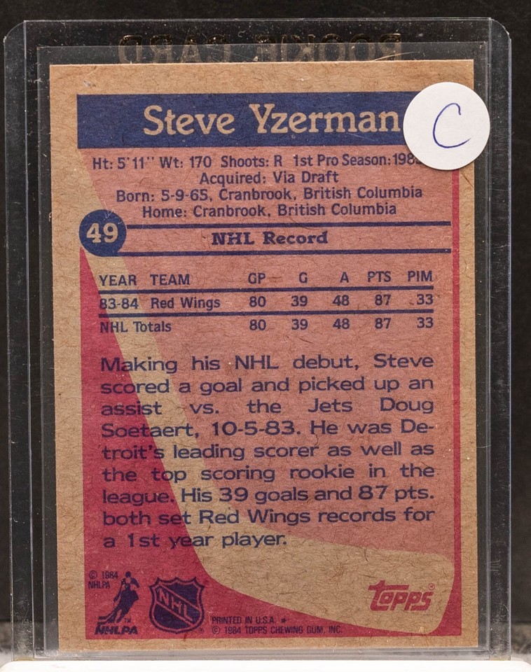 Steve Yzerman 1984-85 Topps RC Rookie Card 49 Red Wings (c) | eBay