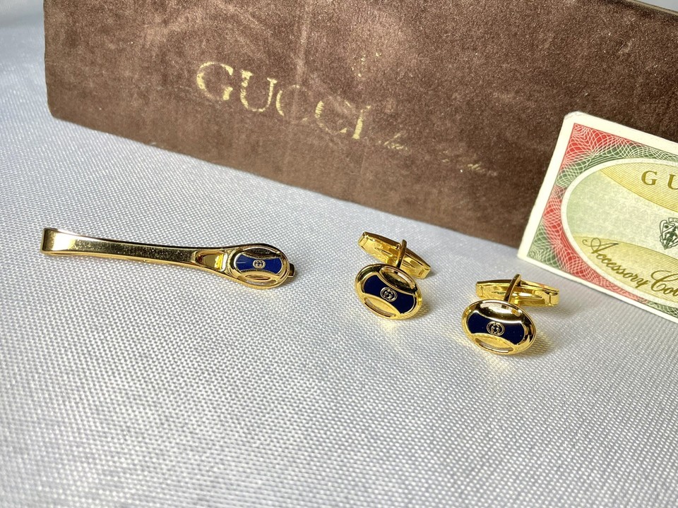 Auth Rare Gucci Interlocking GG Logo Tie Clip cufflinks set Gold x dark ...