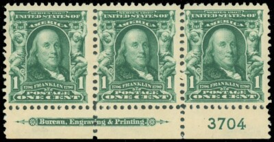 US Scott #300 Imprint w PL# Strip/3, Mint, Center Stamp Hinged, SCV $72 ...
