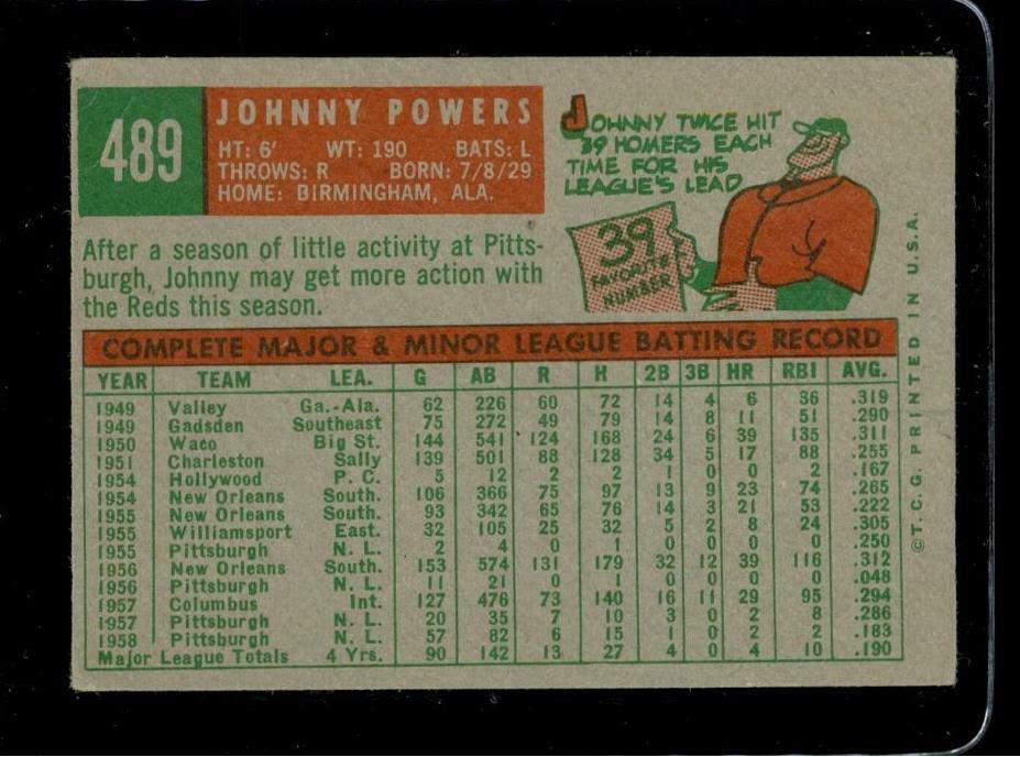 Vintage BASEBALL Card TOPPS 1959 #489 JOHN C POWERS Cincinnati Redlegs ...