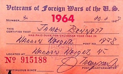 1964 VFW VETERANS OF FOREIGN WARS MEMBERSHIP CARD POST #1958 HADDON ...