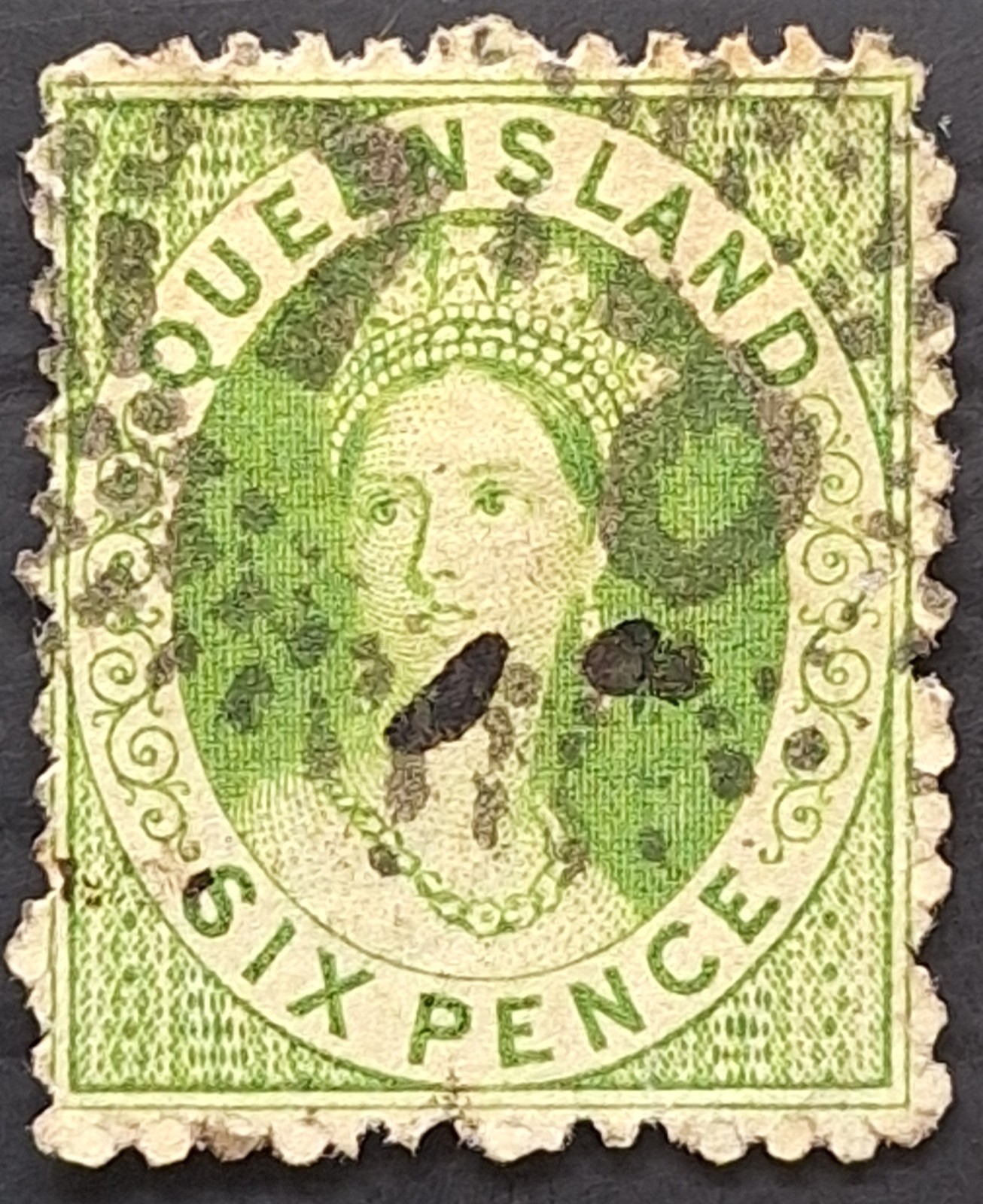 1868 Queensland Australia 6d Ylw Green Chalon Head Stamp P13 WMK Crn/Q ...
