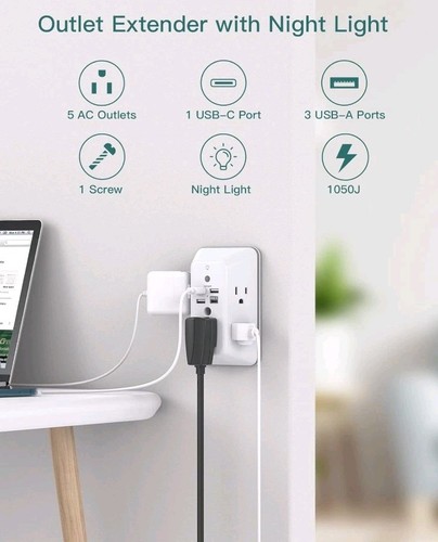 Multi Port Wall Outlet Extender + Night Light 5-Outlet Splitter & 4 USB ...