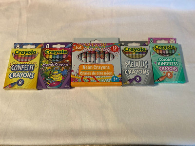 5 boxes of crayons, 1 Jot Neon crayons 10 count, box 4 crayons 8 count ...