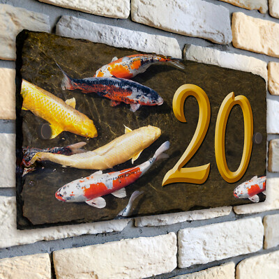 Koi Carp House Number Slate Name Sign Plaque Door Personalised Gift ...