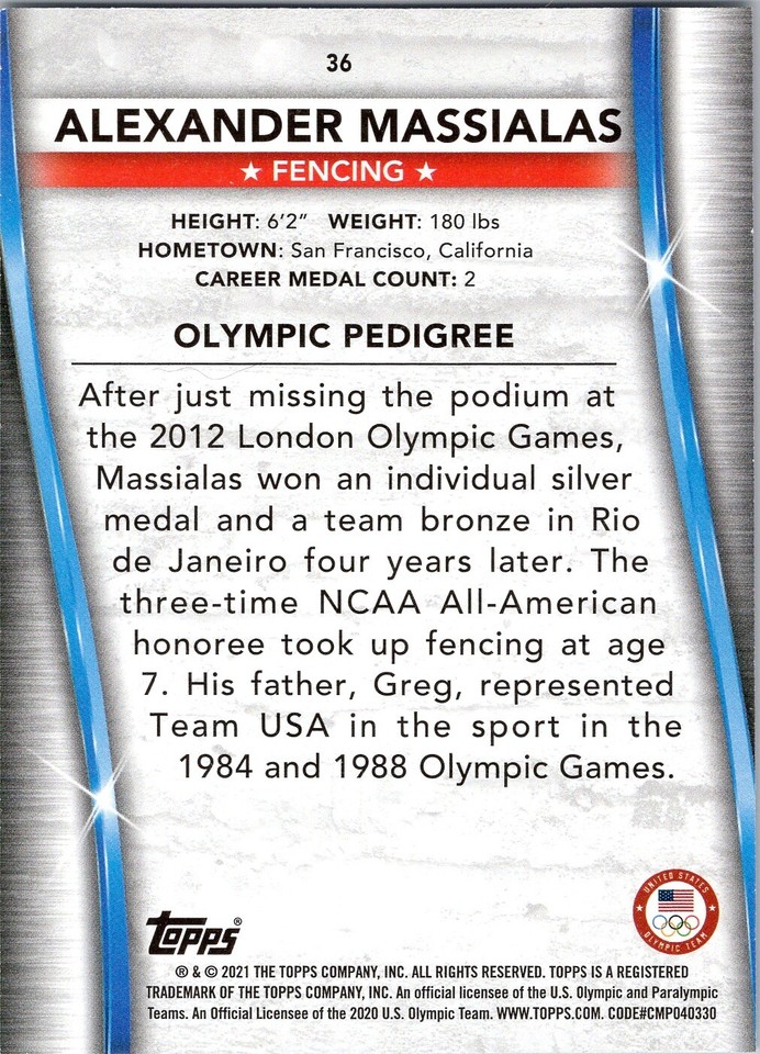 Alexander Massia #34 Silver 2020 Topps US Olympics & Paralympics ...