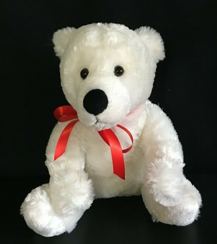 RBI Polar Bear Stuffed Plush Animal Brown Eyes Red Ribbon Cuddly 12 ...