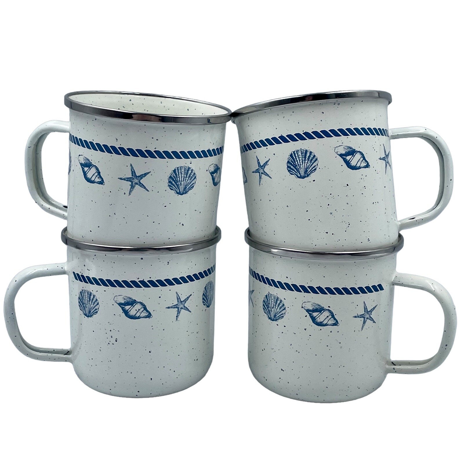 4 Enamel Metal Mugs Coffee Cups Beach Seashells Camp Picnic Nautical L ...