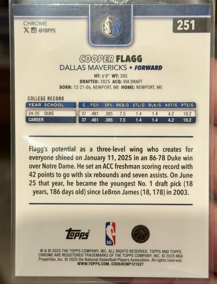 Cooper Flagg 2025-26 Topps Chrome Rookie RC #251 HOBBY WAVE REFRACTOR ...