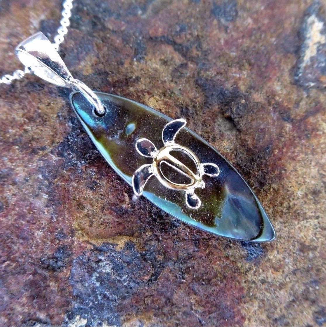 Hawaiian 925 Silver 2 TONE TURTLE ON SHELL SURFBOARD Pendant Necklace # ...