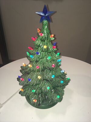 Vintage Green 16" Ceramic Lighted Christmas Tree ~ Blue Star Top~ NICE ...