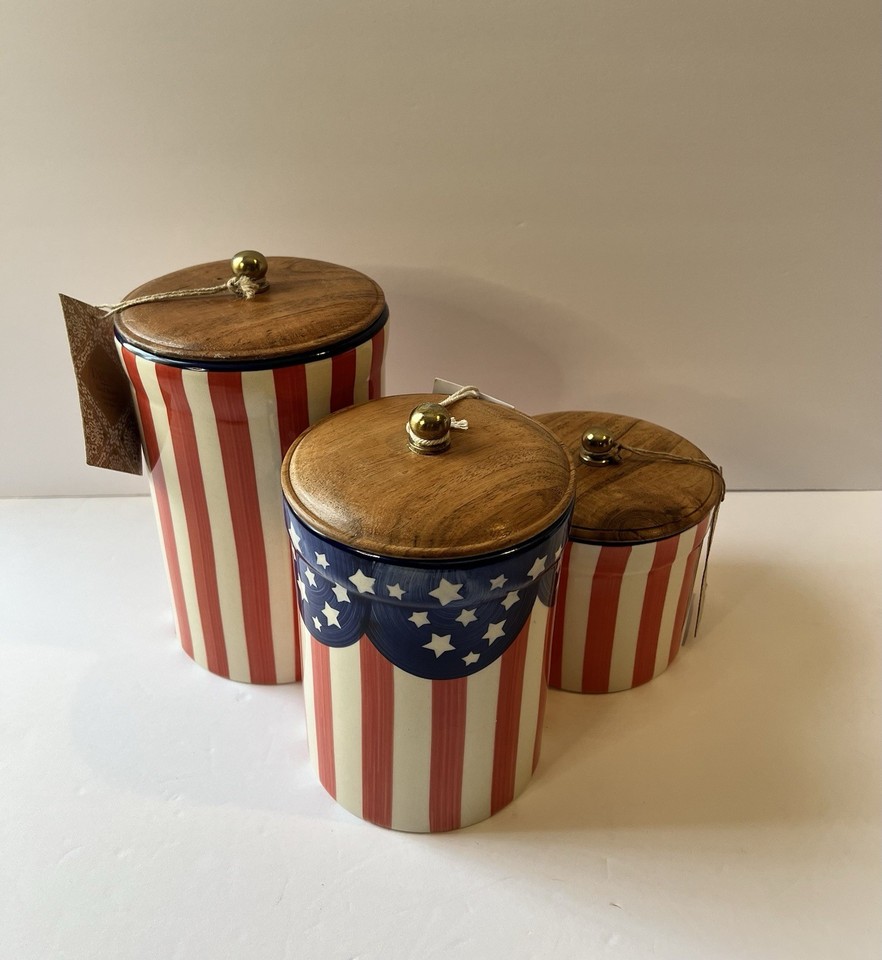 Patriotic 4th of July Striped Red White Blue Canister Wooden India Set ...