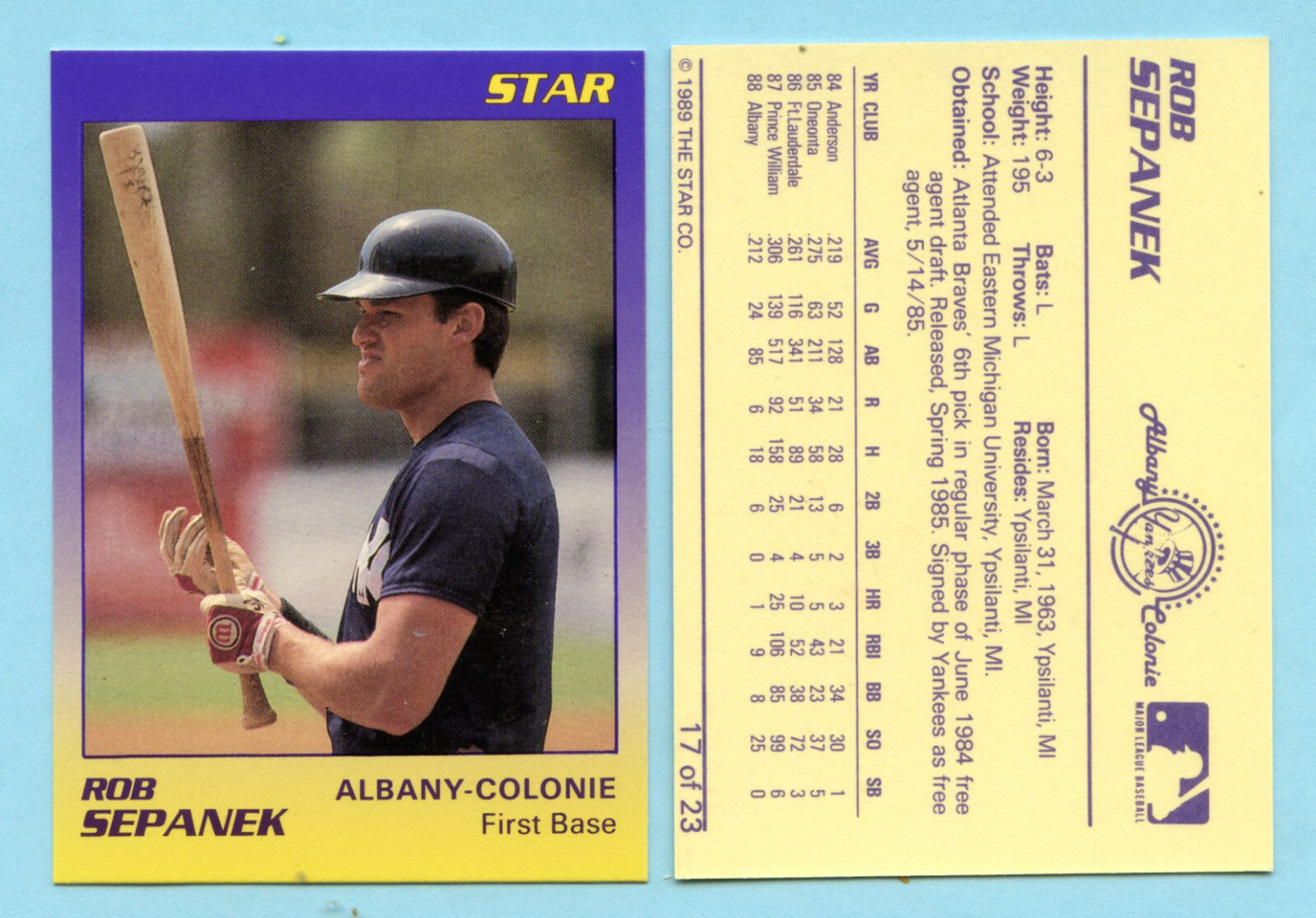 1989 The Star Co.,- Albany-Colonie Yankees - Rob Sepanek - Box 197 | eBay