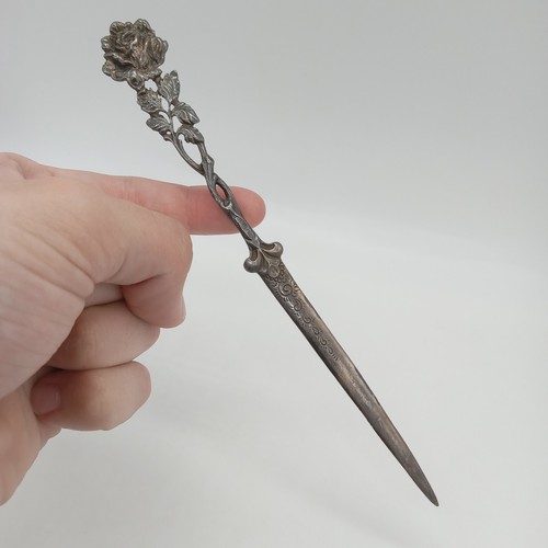 Ornate Silver Rose Letter Opener 7" .835 Openwork Handle Floral Carved ...