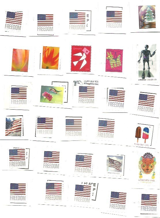 30 Uncancelled USA Forever postage stamps used on paper. Missed cancel ...