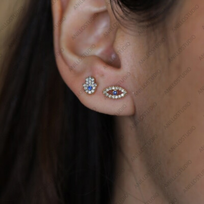 14k Gold Small Real Sapphire & Diamond Hamsa Studs, Earrings Good Luck Earrings | eBay