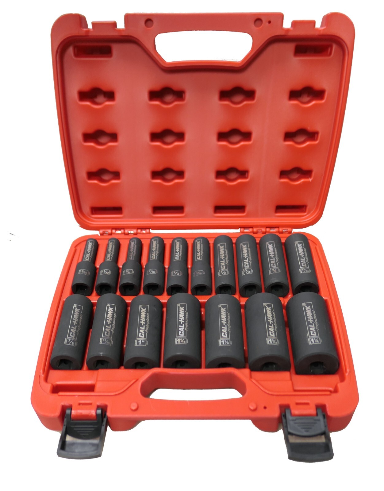 17PC CAL HAWK 1/2" Dr. 6 POINT SAE Deep Impact Sockets Chrome Vanadium ...