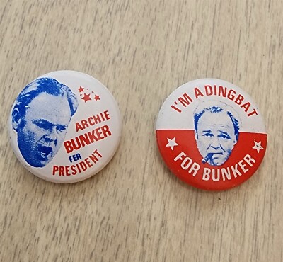 VINTAGE 1972 PAIR ARCHIE BUNKER FOR PRESIDENT PINBACK BUTTONS CREATIVE ...