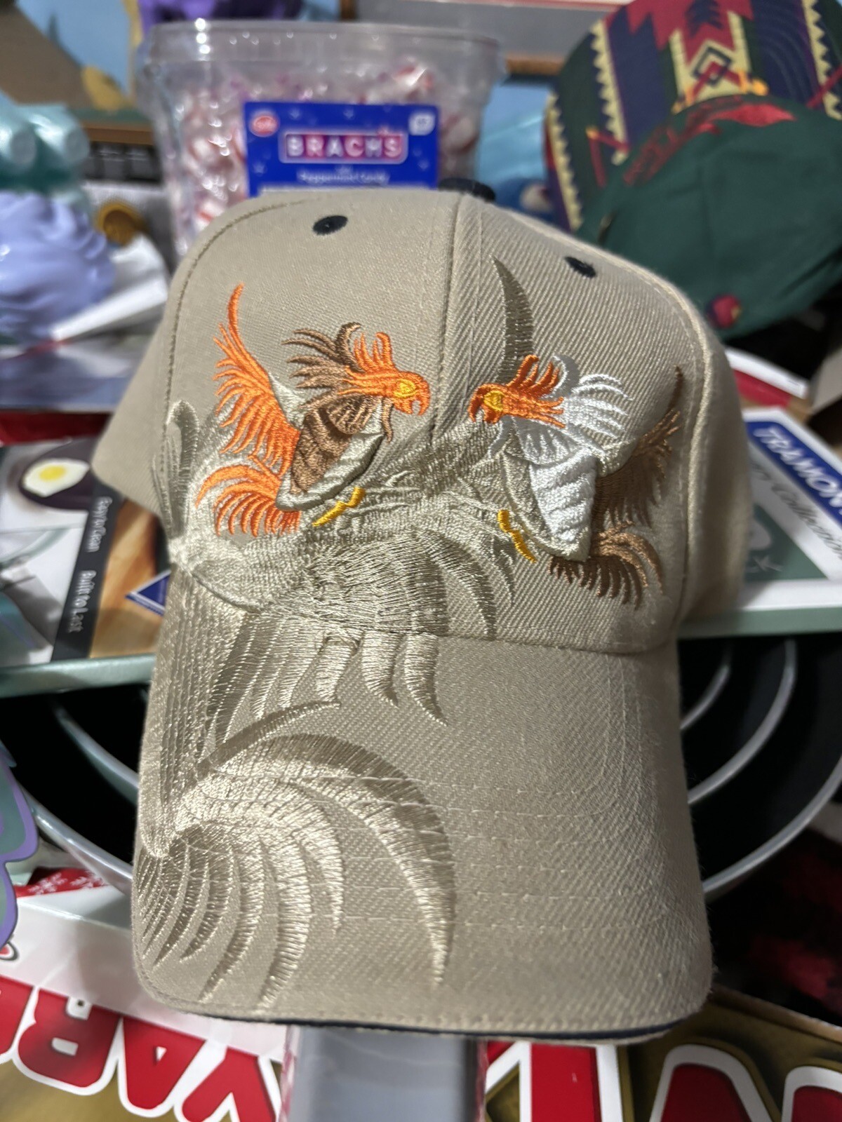 Very Unique Tan Cap With Fighting Birds Design - Gem