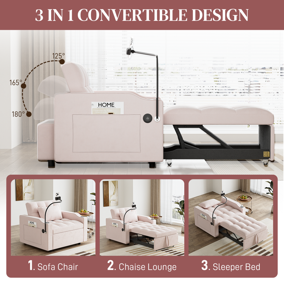 Modern Velvet 3-in-1 Pull Out Bed Folding Sofa Convertible Single ...