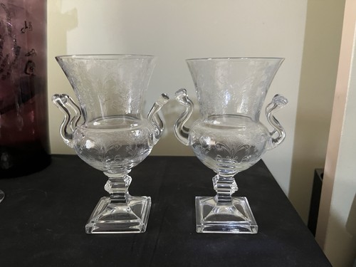 PAIR DUNCAN MILLER GLASS FIRST LOVE HANDLED URN VASES 6 3/4" MINT | eBay