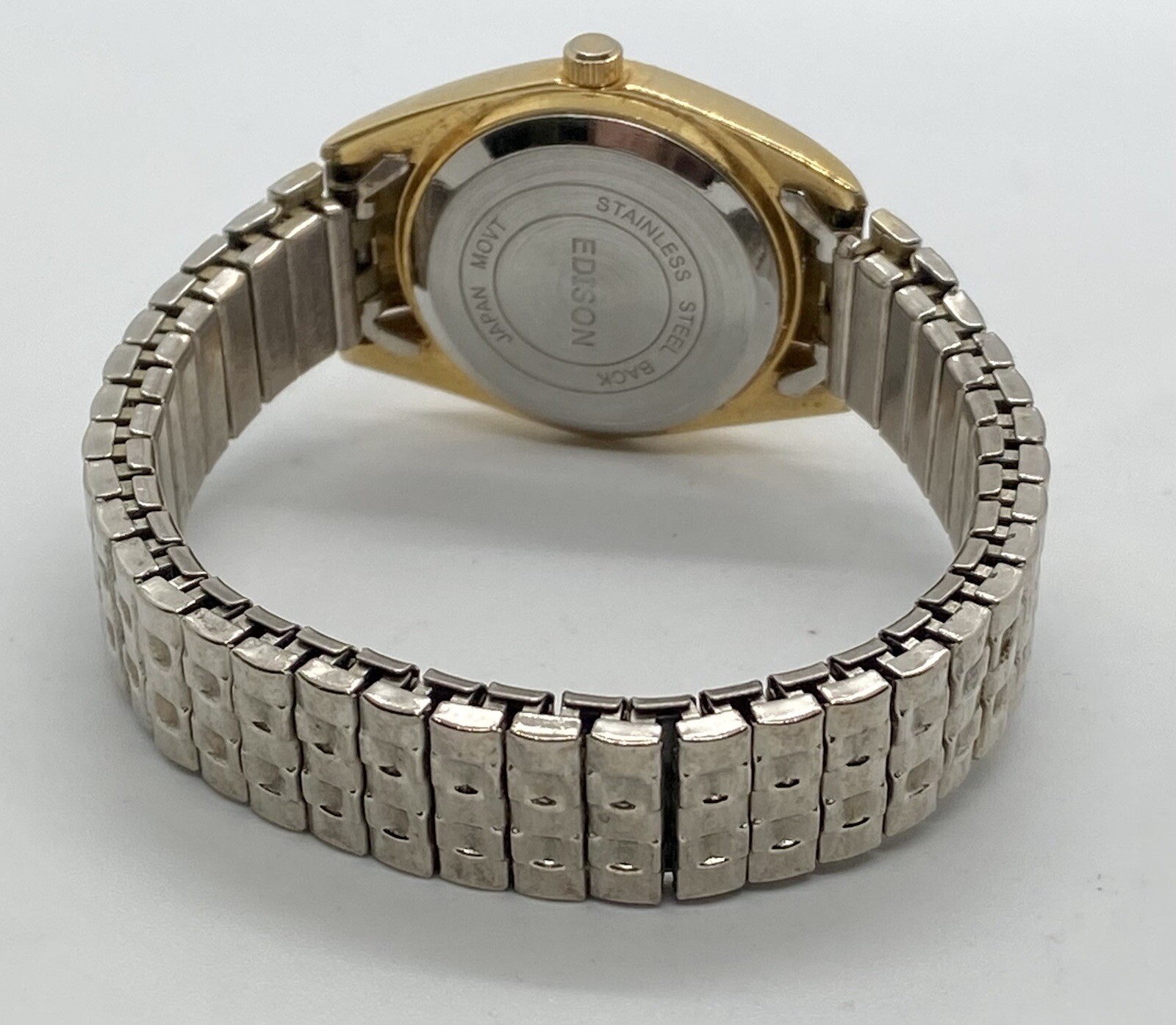 VTG EDISON Ladies Quartz Watch Black Dial Silver/Gold 6” Expansion Band ...