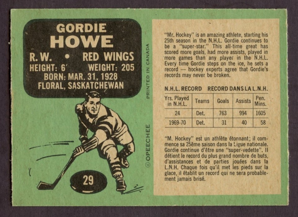 1970-71 OPC # 29 Gordie Howe DETROIT RED WINGS CREASE FREE !! | eBay