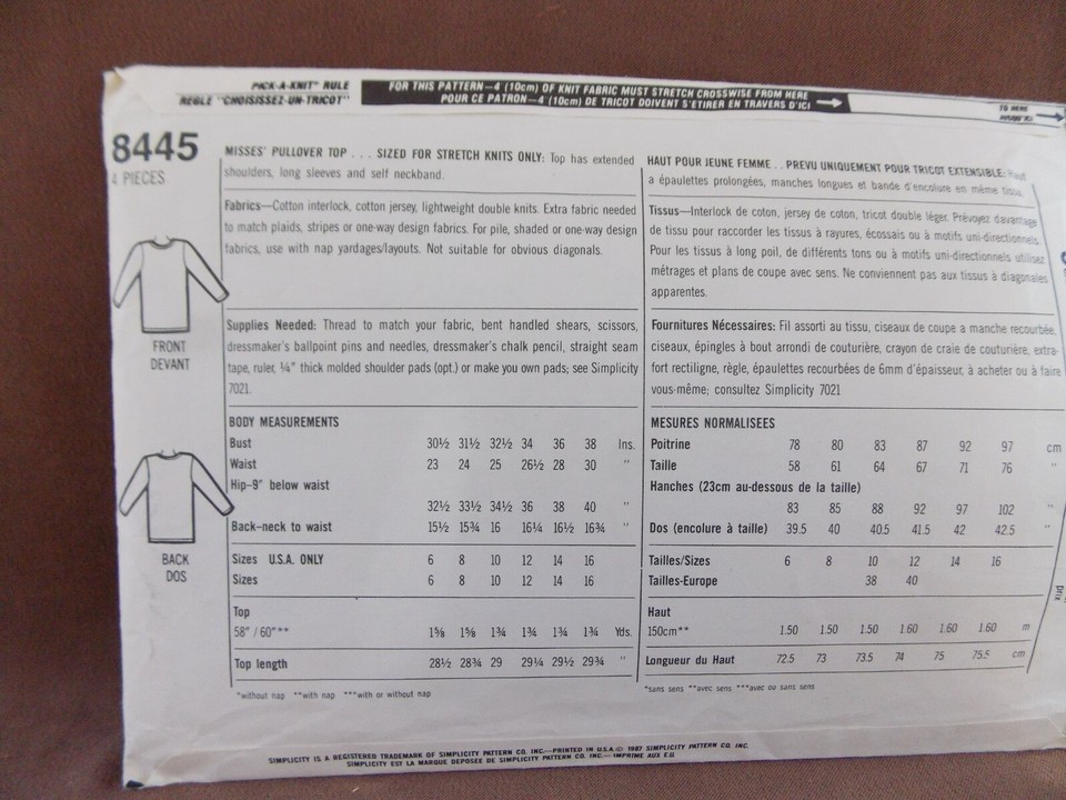 Simplicity Misses Pullover Top For Stretch Knits Only Size 12 Uncut ...