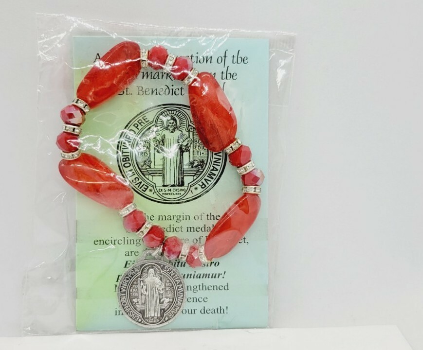 Saint St Benedict Medal Silver Rosary Beaded Bracelet Stretch VRSNSMV ...