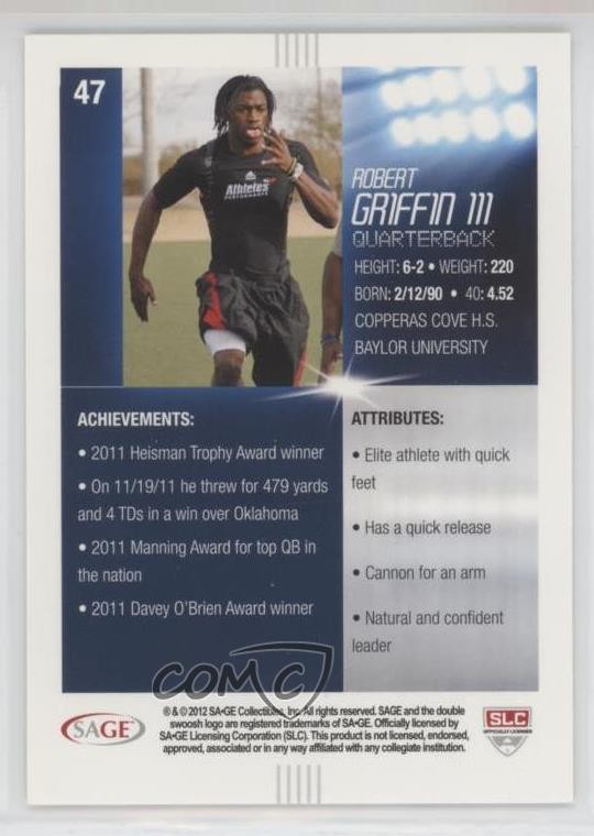 2012 SAGE Hit Gold Robert Griffin III #47 Rookie RC | eBay