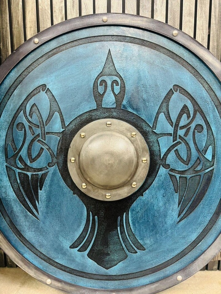 24'' Carved Viking Raven Shield Handcrafted Round Wooden Norse Battle ...