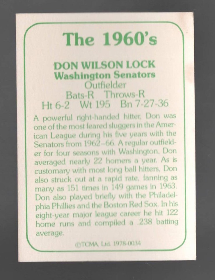 1978 TCMA The 1960s Don Lock Washington Senators #34 Excellent | eBay