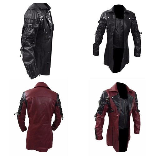 Punk Gothic Men Pu Leather Trench Coat Motorcycle Biker Jacket Overcoat ...