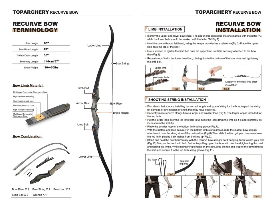 60" Archery Takedown Recurve Bow 25-50lbs Wooden Riser for Shoot ...