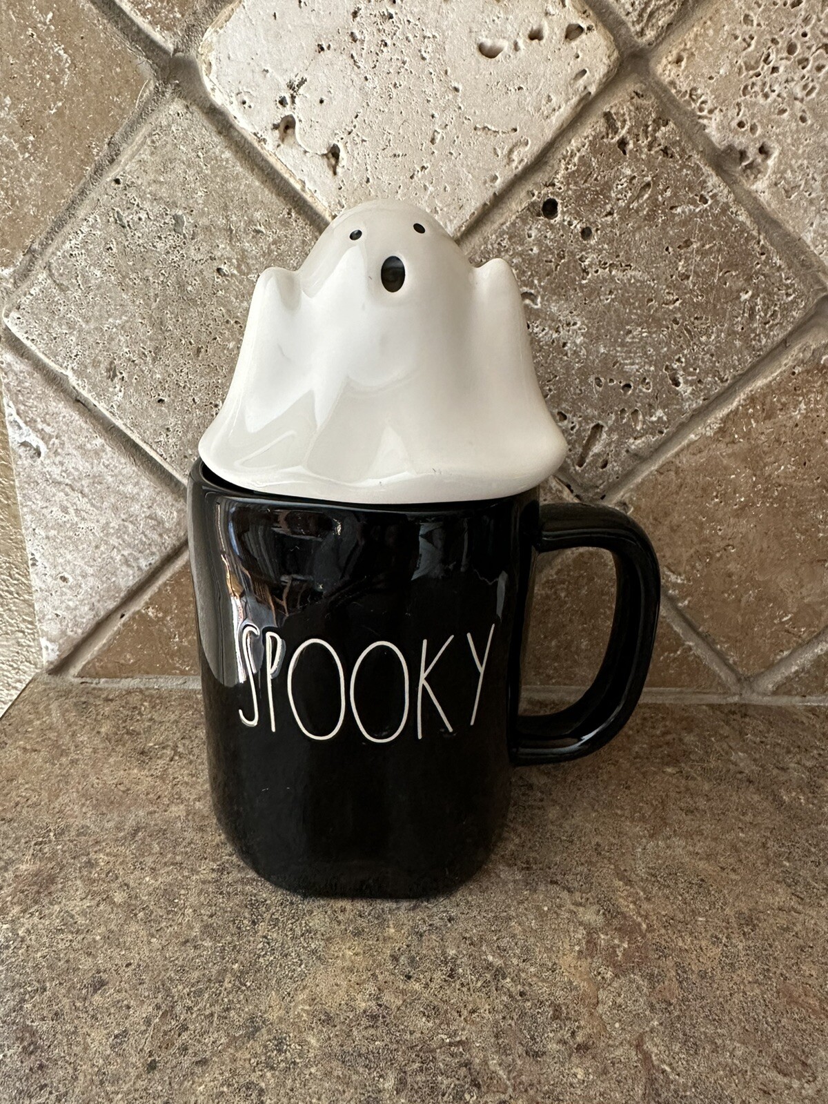 Rae dunn spooky coffee mug With Ghost Topper Ceramic Black & White ...