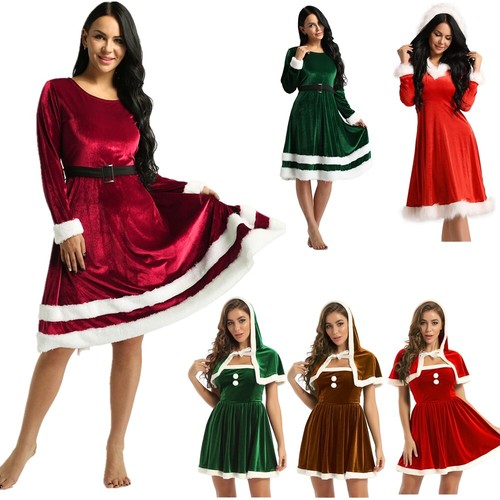 Women Mrs Santa Claus Costume Long Sleeve Swing Dress Christmas Xmas ...