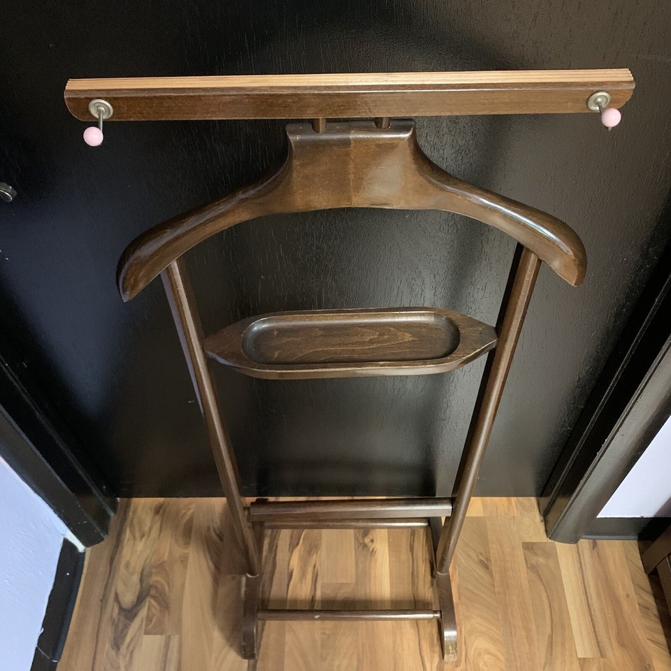 Vintage MCM Polished Wood Valet Stand Butler Clothes Rack 43.75” Tall ...