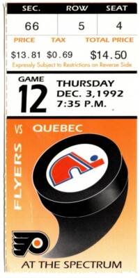 1992 PHILADELPHIA FLYERS vs QUEBEC NORDIQUES ticket stub MATS SUNDIN ...